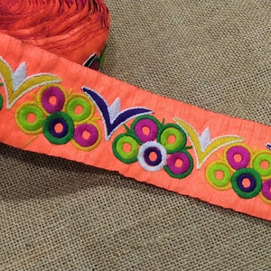 Indian Lace, Embroidered Neon Orange Trim, Crafting Ribbon, Sari Border ...