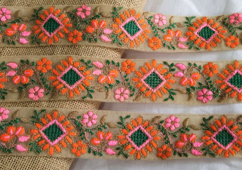 Indian Trim, Embroidered Ribbon, Wholesale Trim, Sari Border, Beige Net ...