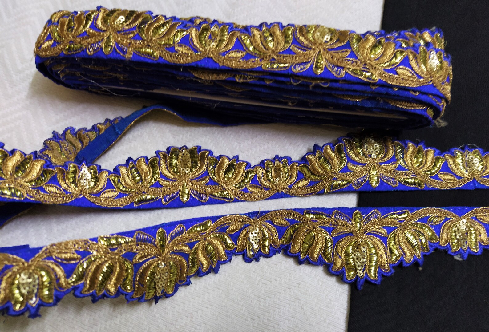 Royal Blue Embroidered Cutwork Trim Crafting Fabric Lace Golden Zari ...