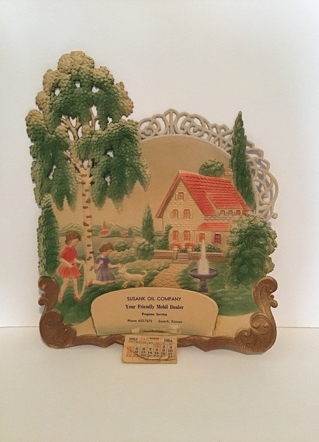 Vintage Pressed Cardboard Mobil Oil Co. 1953 Calendar Susank, KS Marked ...