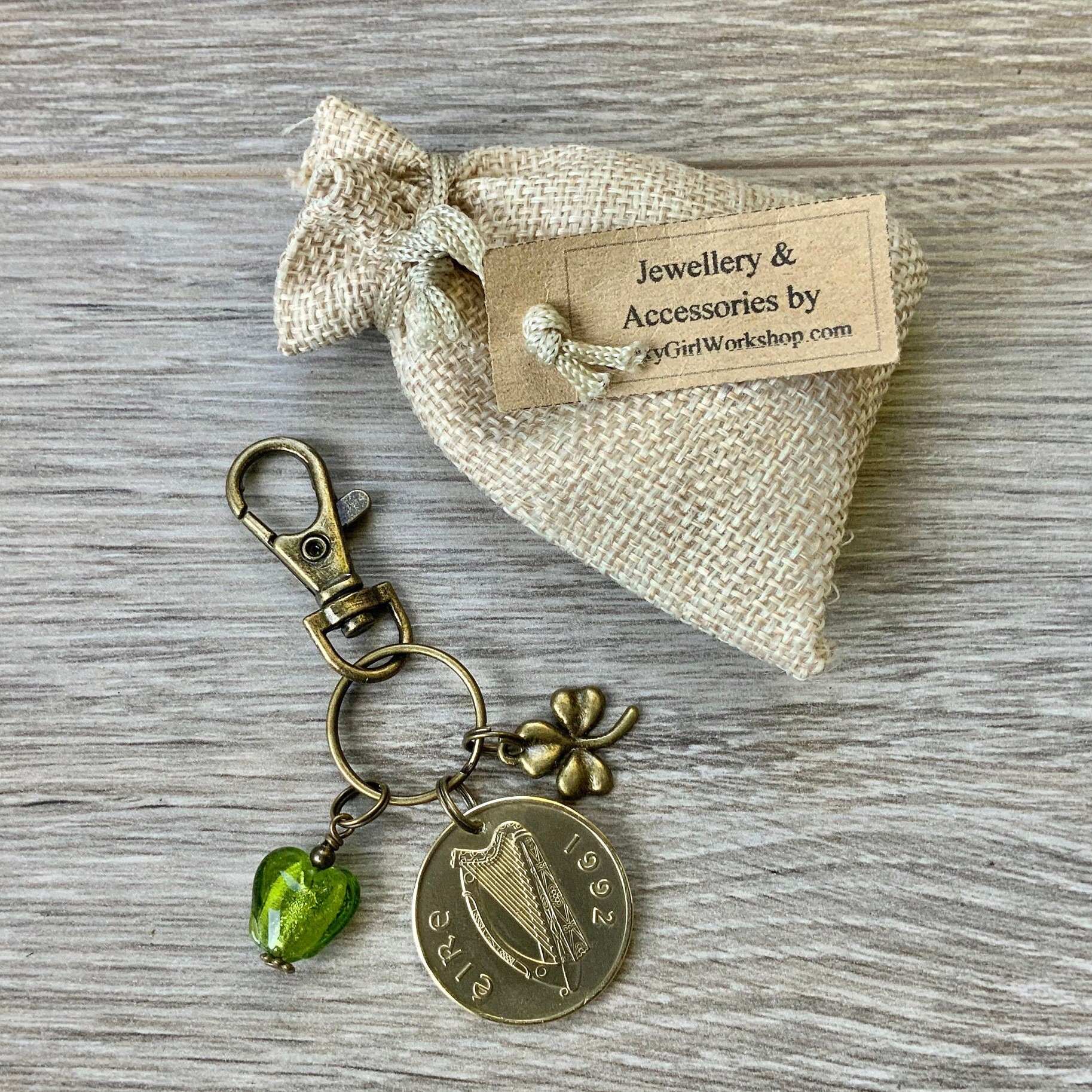 Irish coin bag charm, 1992 Ireland coin keychain or key ring, 33rd ...
