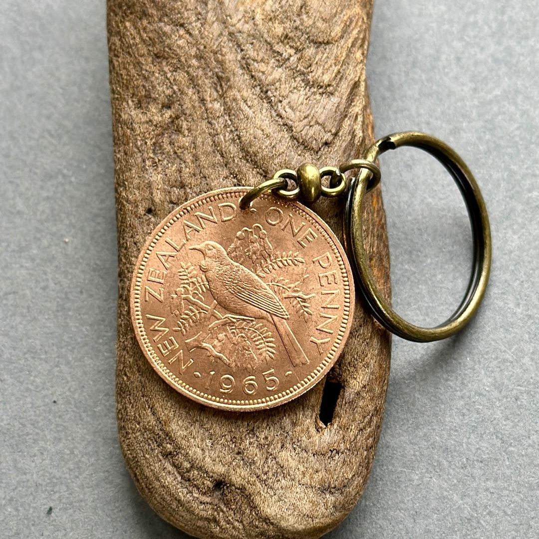 1965 New Zealand Penny Keyring, Keychain, or Clip, NZ Tui Bird Coin a ...
