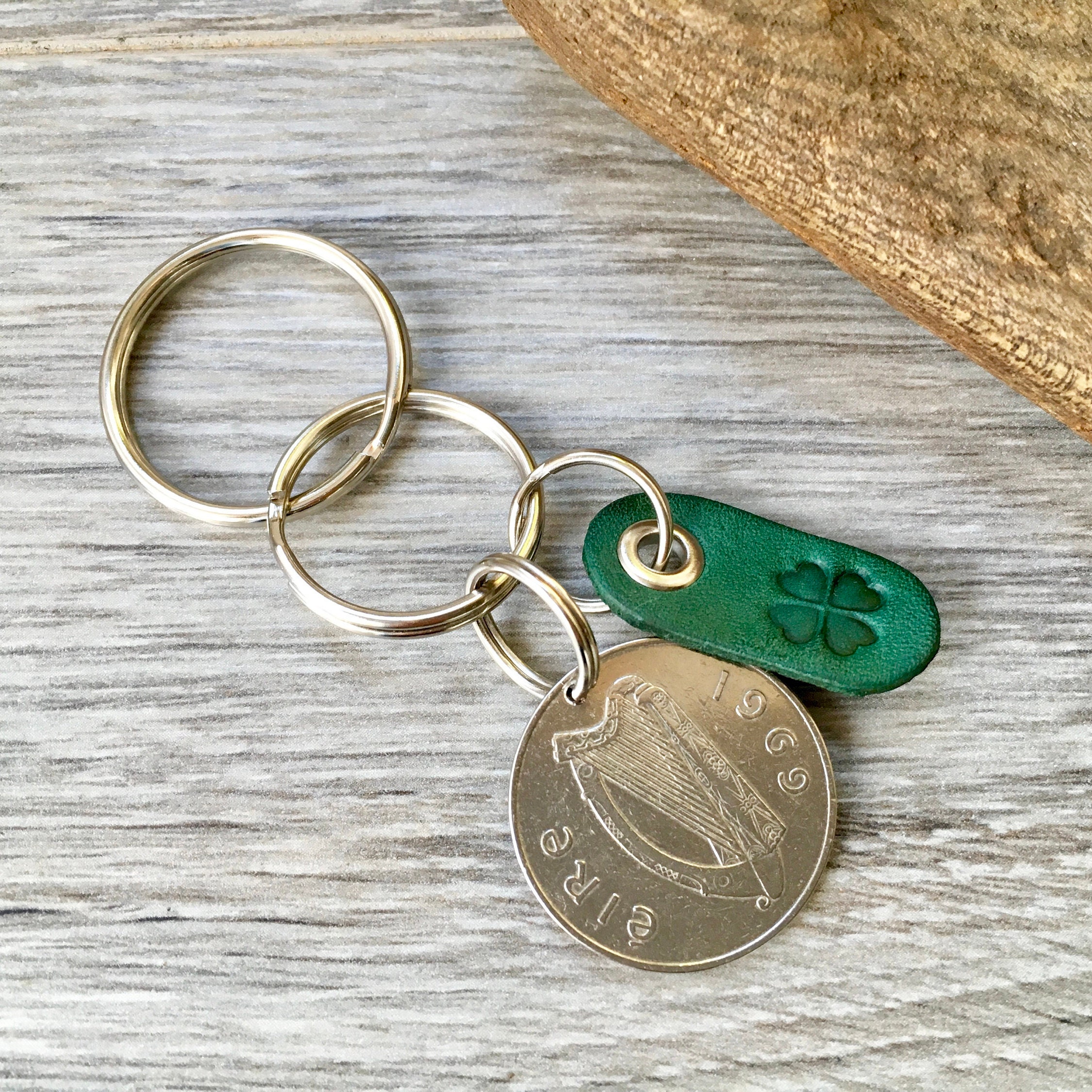 Ireland coin keychain, keyring or clip with a shamrock leather tag ...