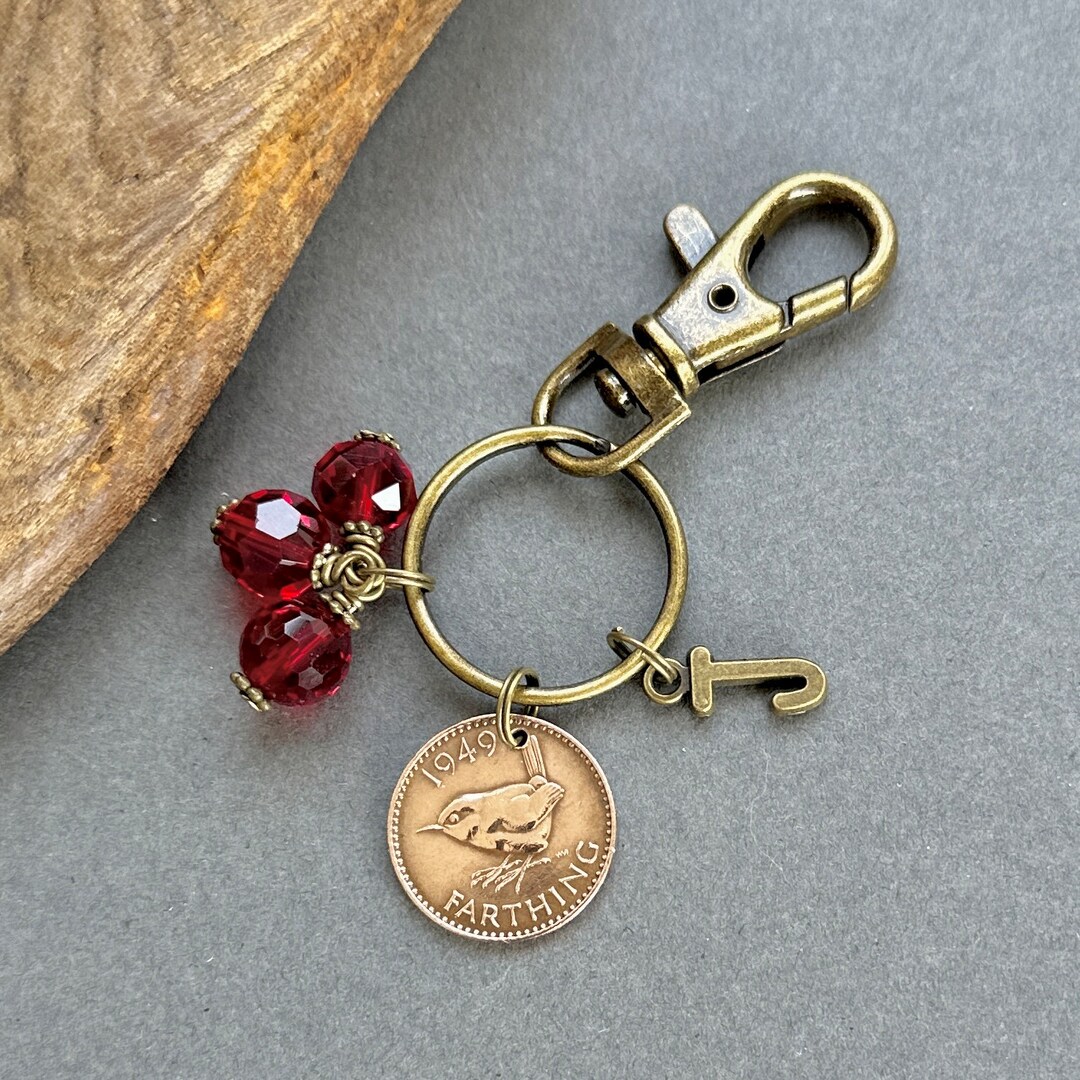 Farthing and Ruby Red Charm Bag Clip, Choose Initial and Coin Year 1937 ...