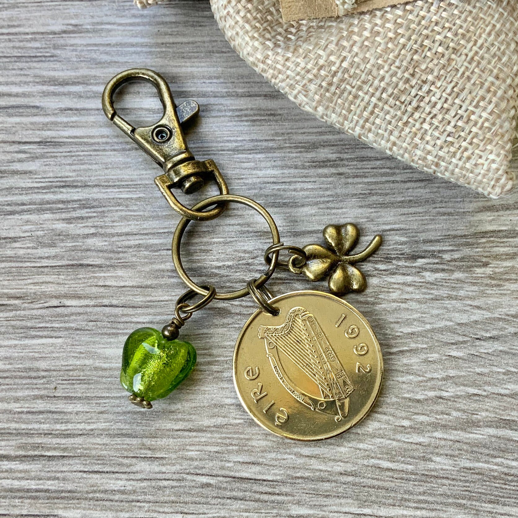 Irish coin bag charm, 1992 Ireland coin keychain or key ring, 33rd ...