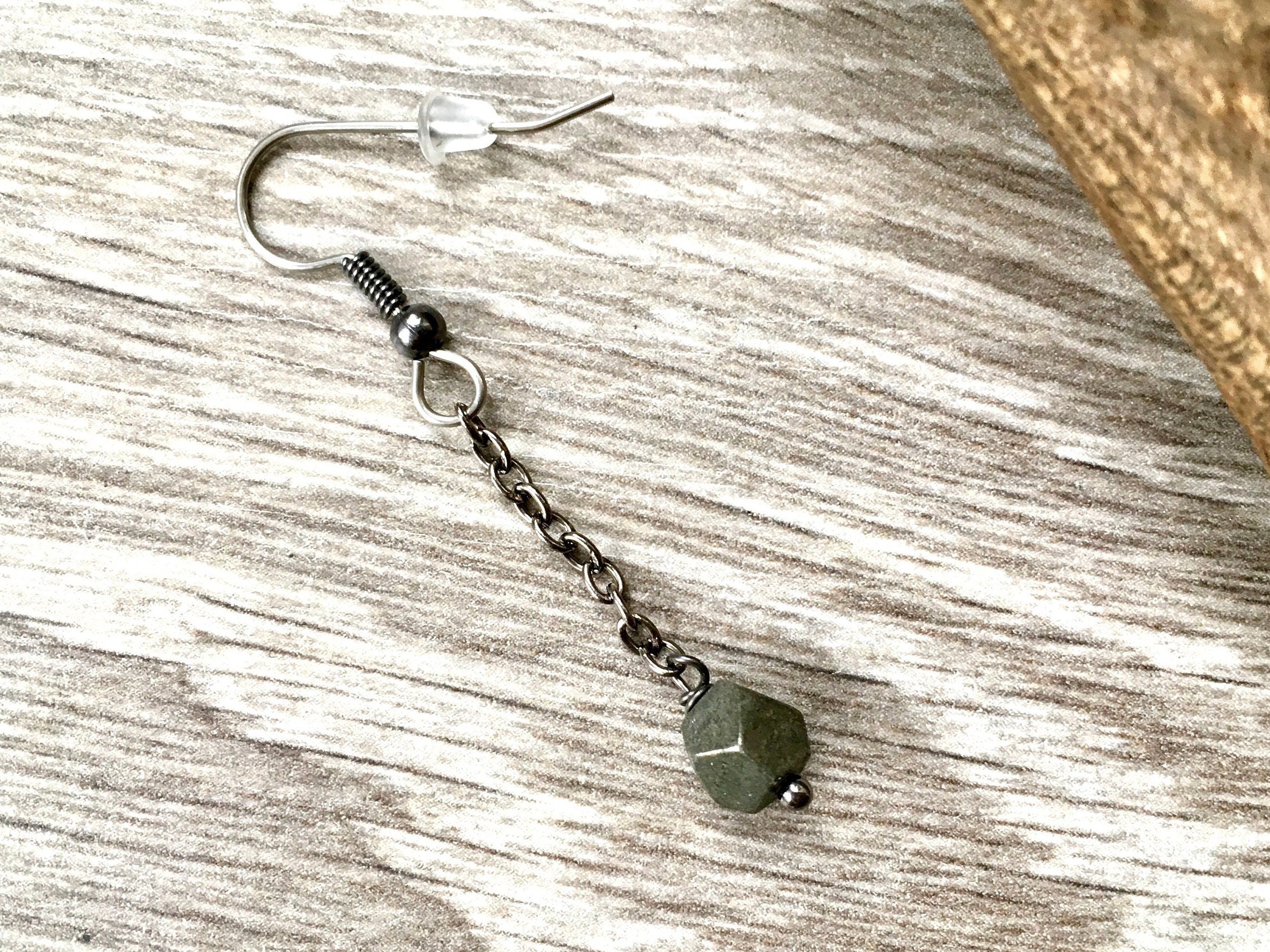 Long iron pyrite earring, fools gold, unusual geometric minimalist ...