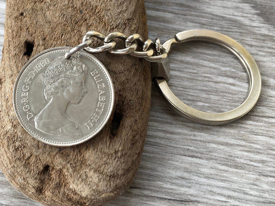 British five pence coin keychain, Scottish thistle keyring, 1979 or ...