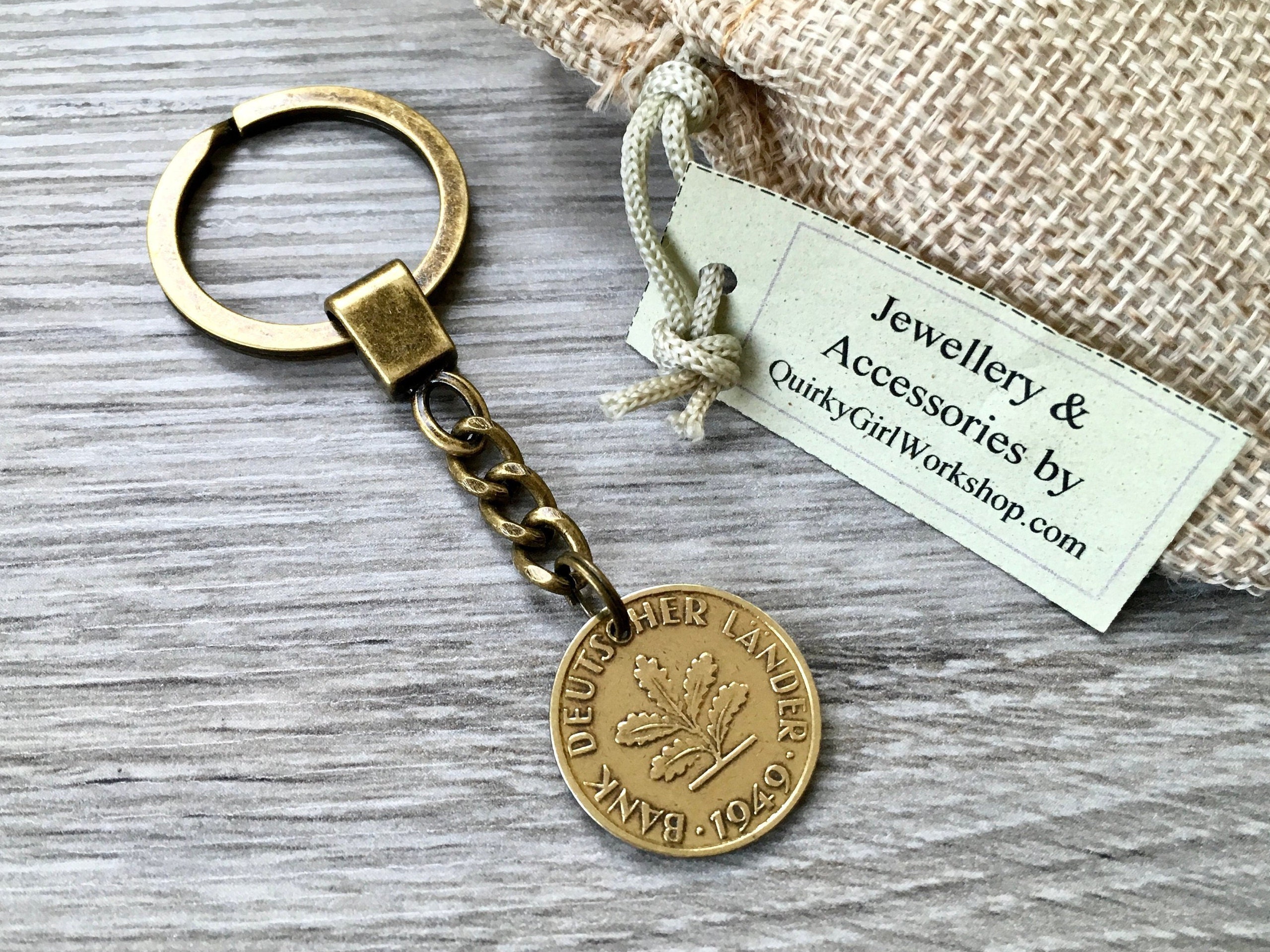 1949 or 1950 German coin keyring or clip, 10 pfennig keychain
