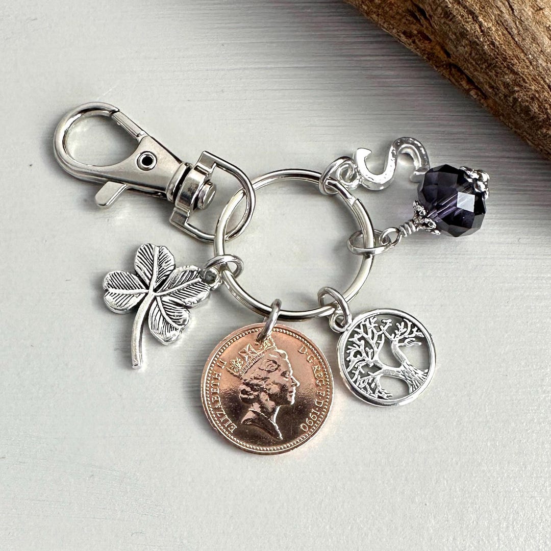 1990 Penny Keyring: British Coin Charm, Initial & Birthstone - 36th ...