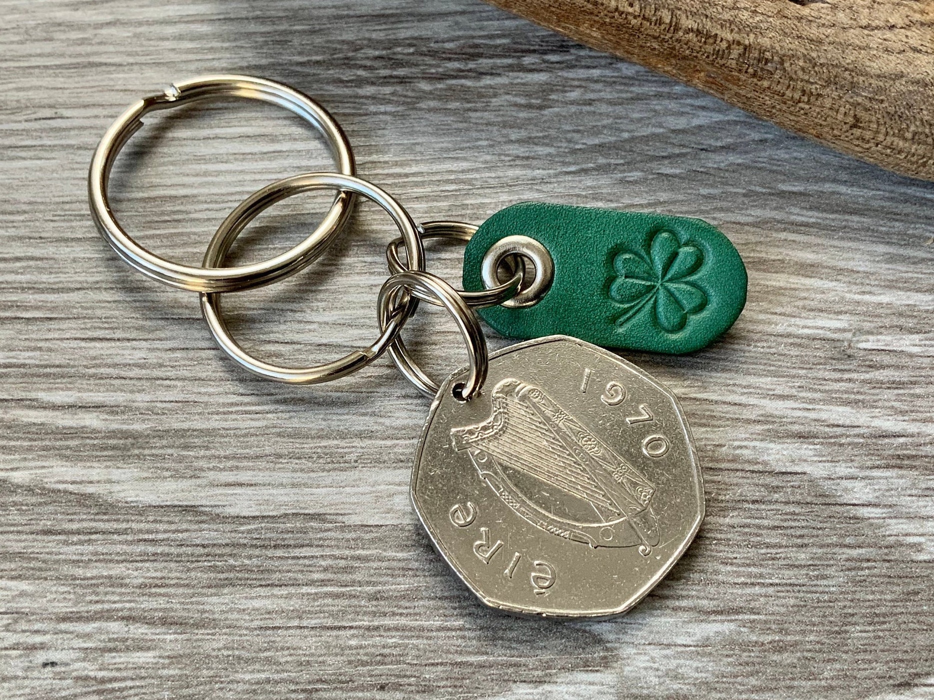 1970 Irish coin and shamrock keychain, keyring or clip, 7 sided coin ...