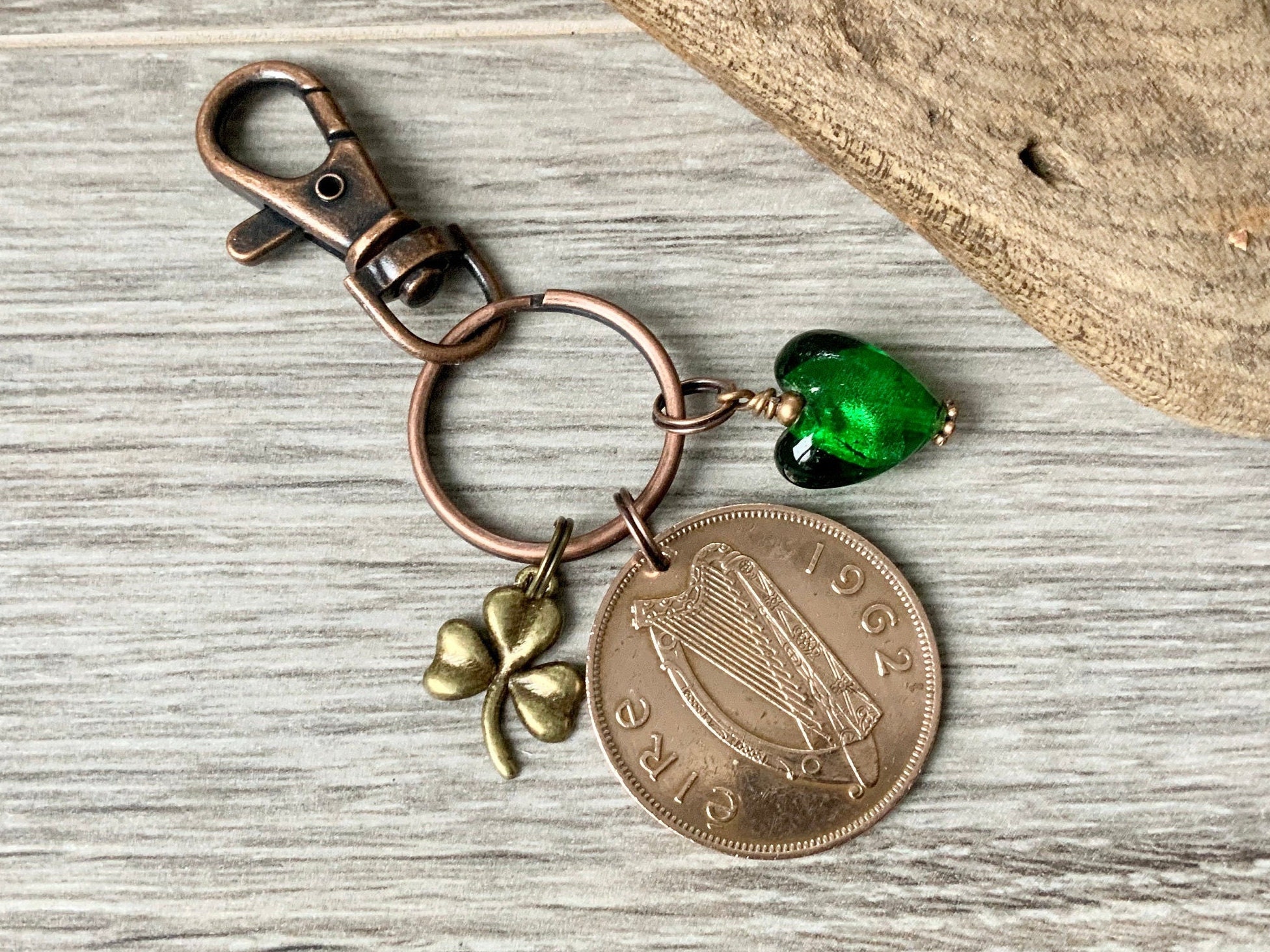 1962 irish coin and shamrock keychain, keyring or clip, lucky Ireland ...