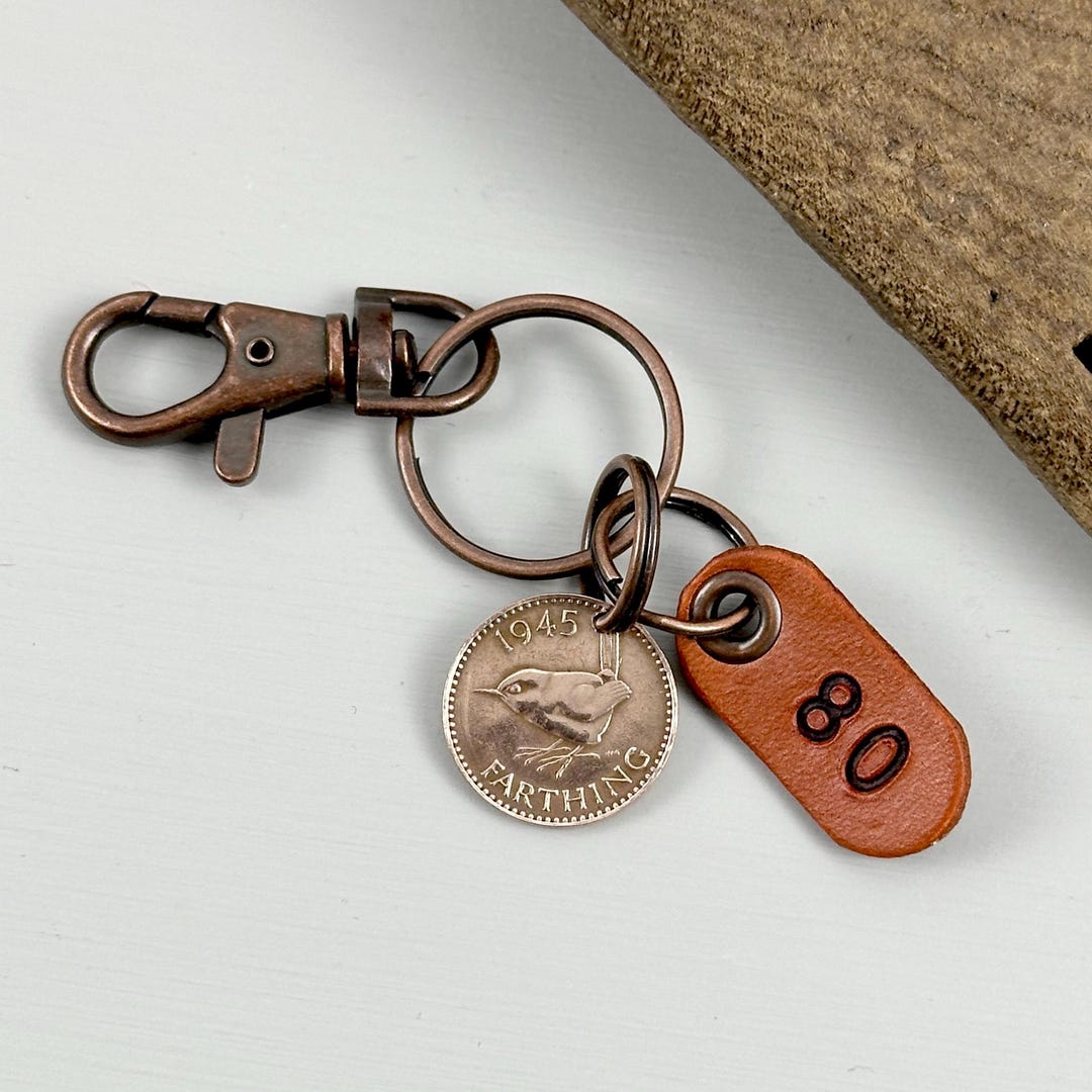 80th Birthday Gift, 1945 British Farthing Keyring Clip, English Gift, a ...