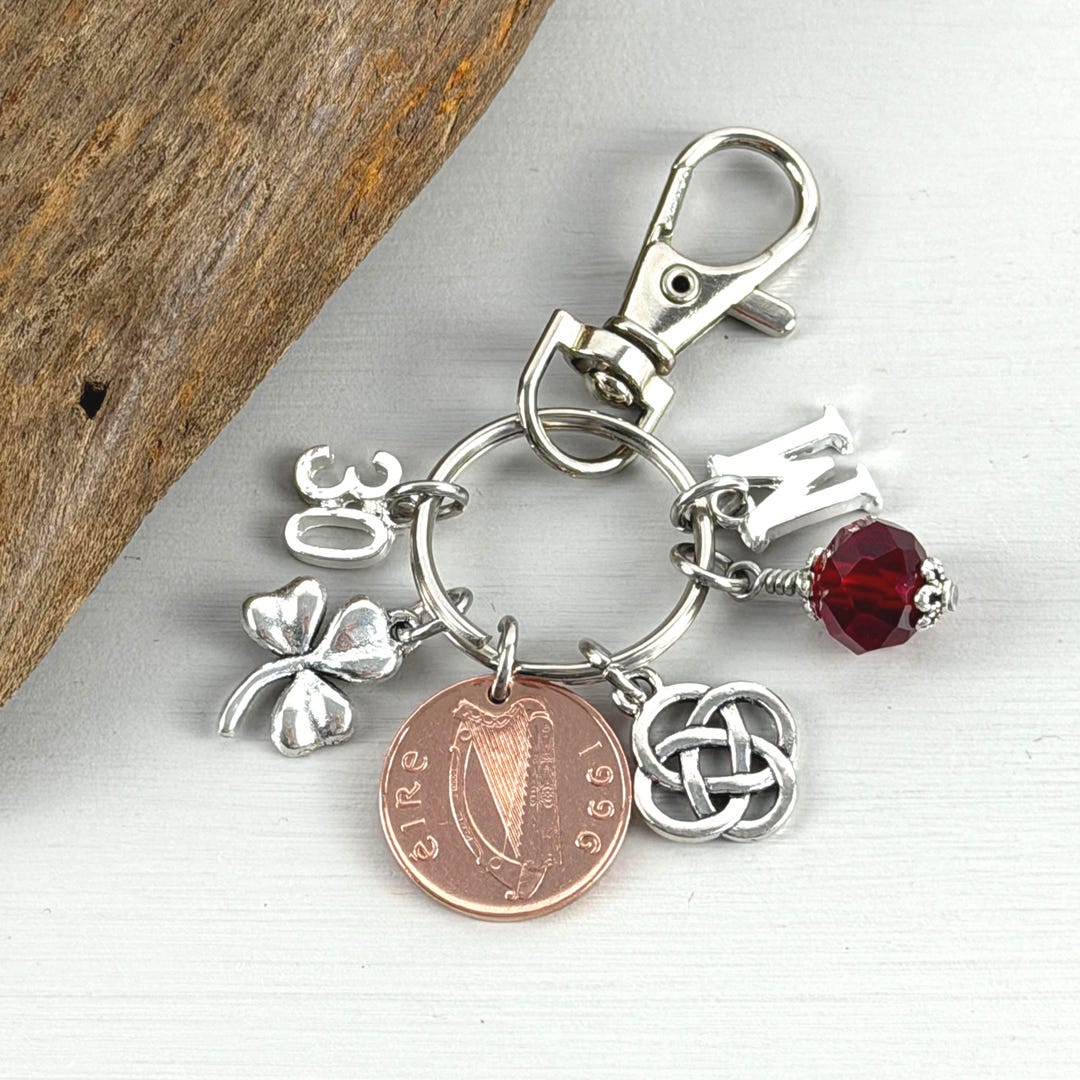 Irish 30th Anniversary Charm Clip: 1996 Penny, Initial & Birthstone - Etsy