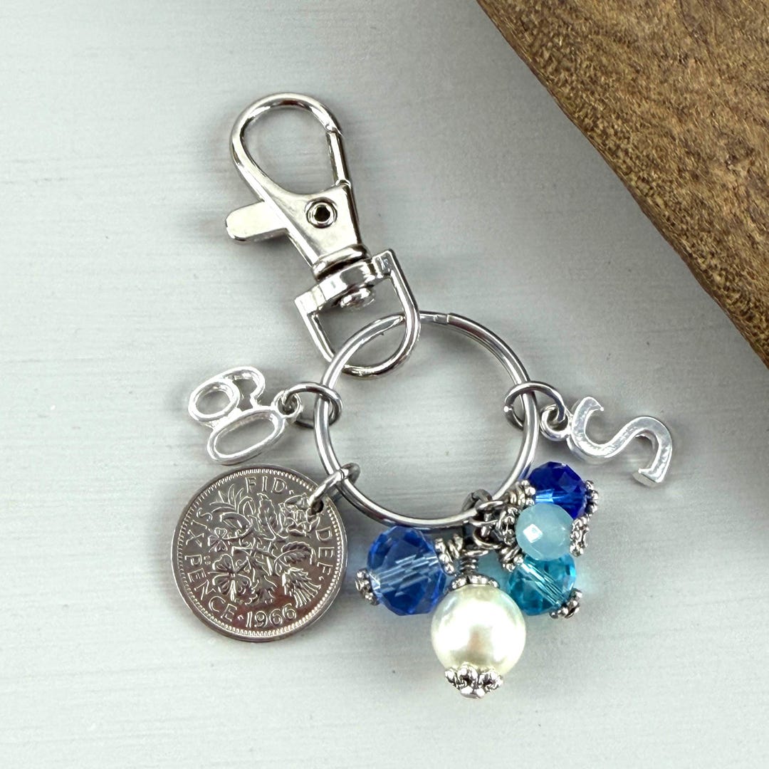 60th Birthday Gift, 1966 Sixpence Charm: Personalised Initial, Blue ...