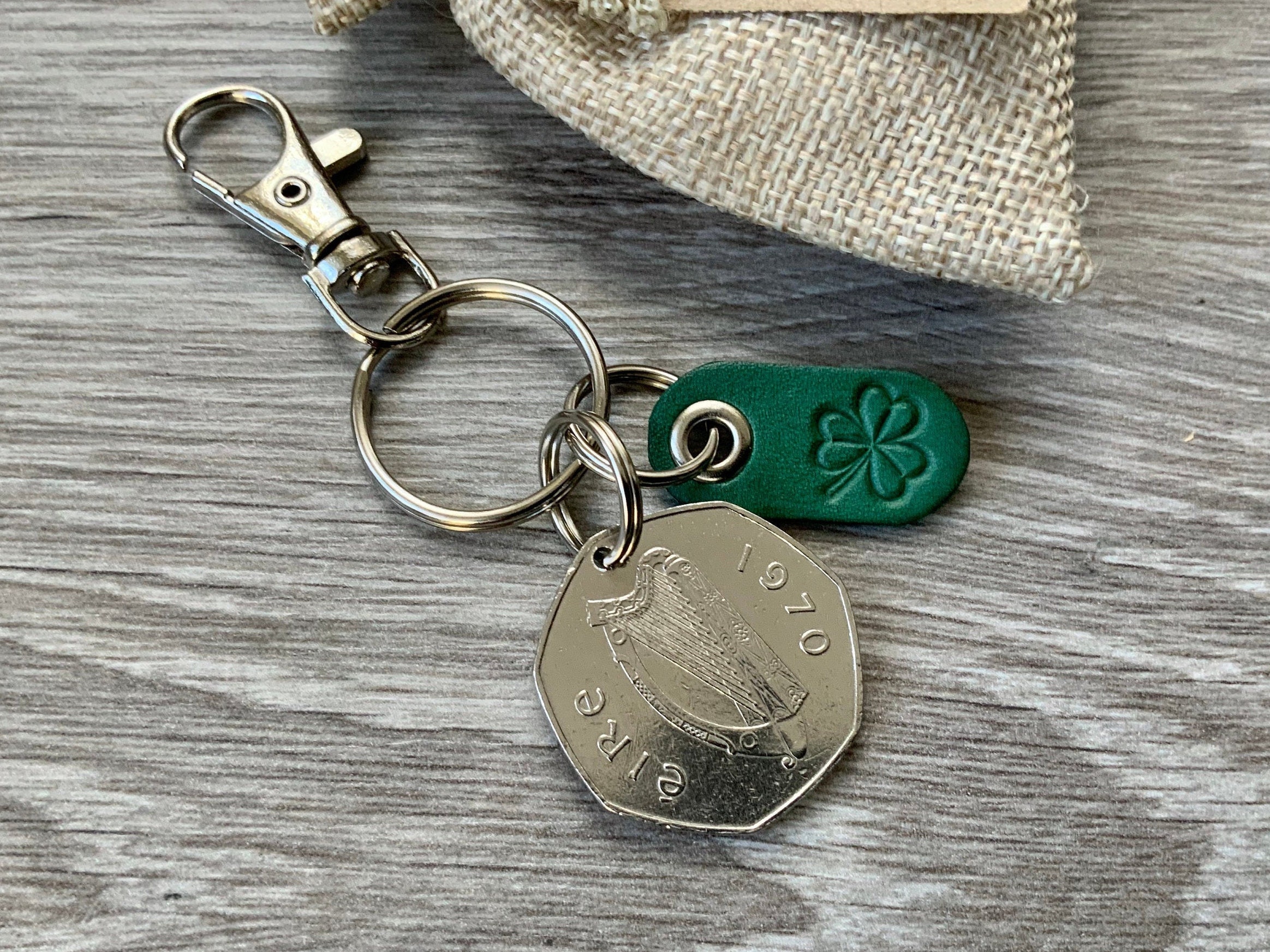 1970 Irish coin and shamrock keychain, keyring or clip, 7 sided coin ...