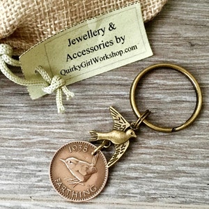 Wren Farthing Coin and Bird Key Ring or Clip, Choose Coin Year 1937 ...