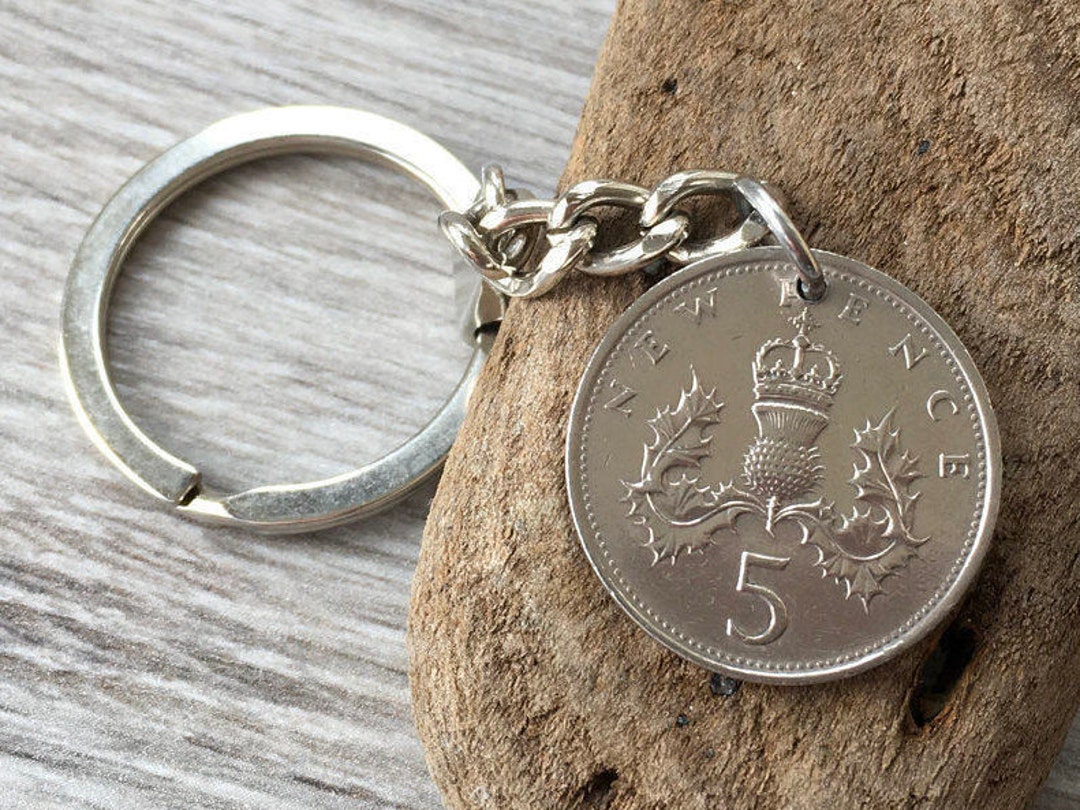 British Five Pence Coin Keychain, Scottish Thistle Keyring, 1979 or ...