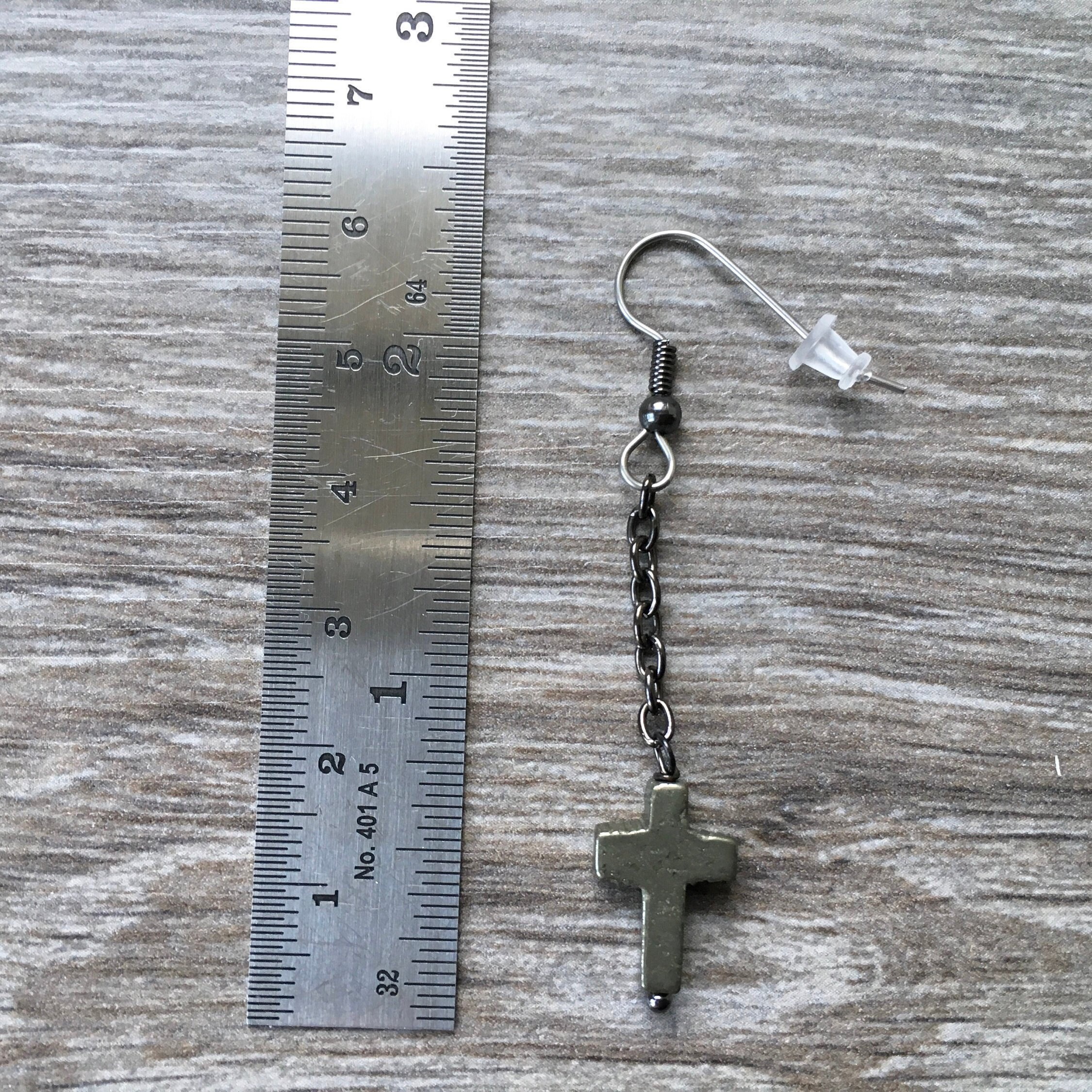 Iron pyrite cross dangle earring, long gemstone earrings, available as ...