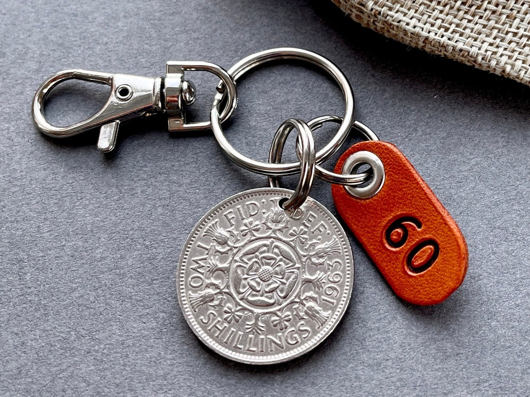 60th Birthday Gift 1963 or 1964 British Florin Key Chain, Key Ring or ...