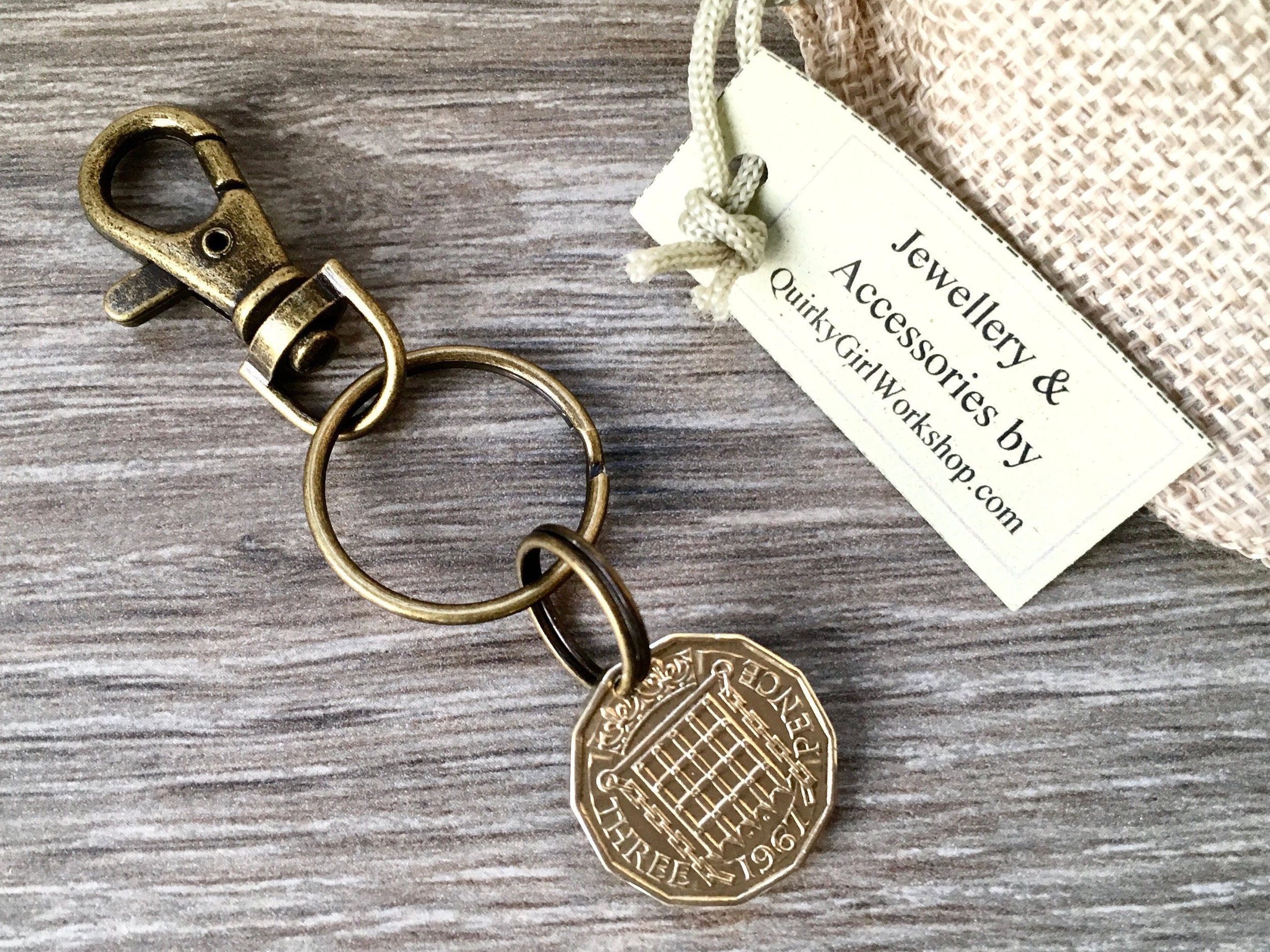 1967 British threepence coin key chain, keyring or clip 58th birthday ...