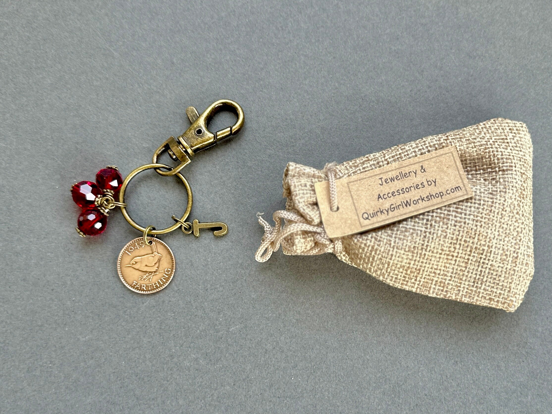 Farthing and ruby red charm bag clip, choose initial and coin year 1937 ...
