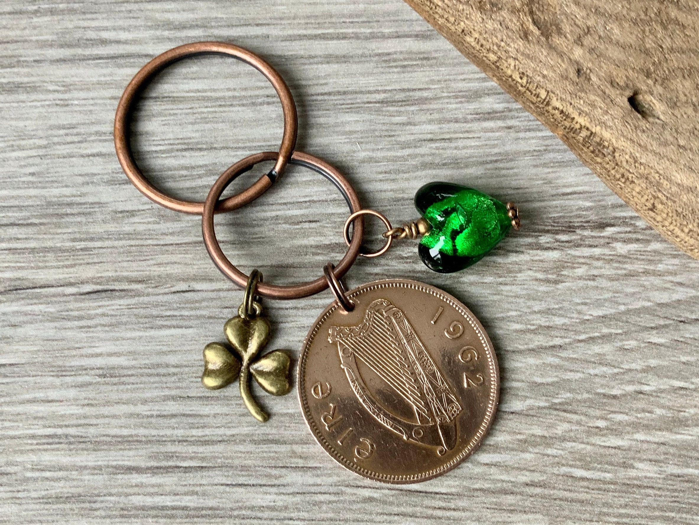 1962 irish coin and shamrock keychain, keyring or clip, lucky Ireland ...