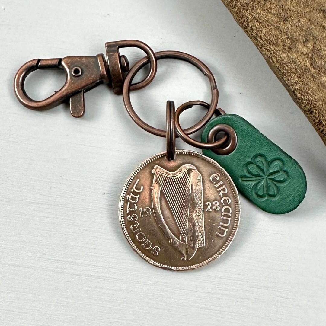 Old Irish Penny ( Pingin ) and Shamrock Key Chain, Keyring or Clip ...