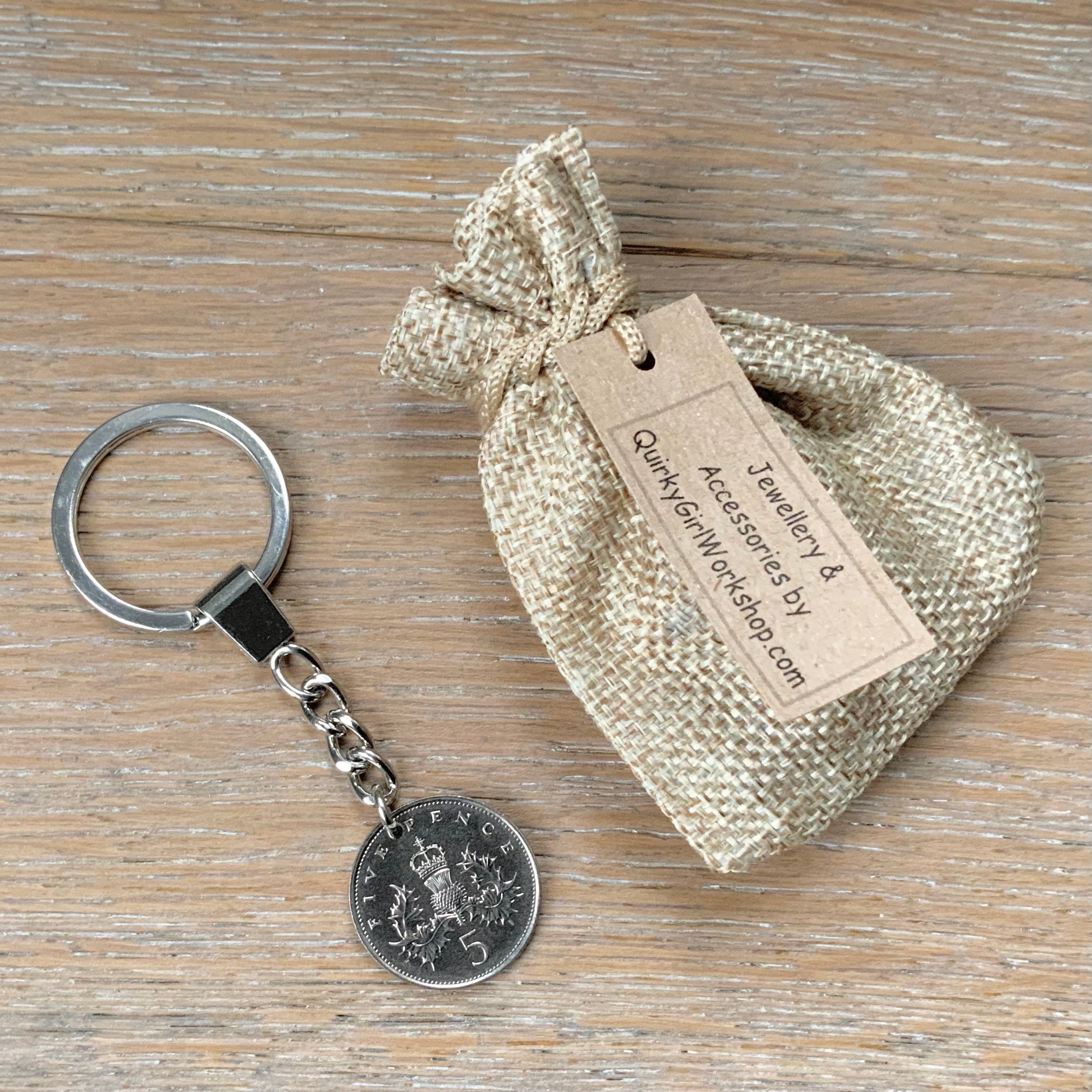 British five pence coin keychain, Scottish thistle keyring, 1979 or ...
