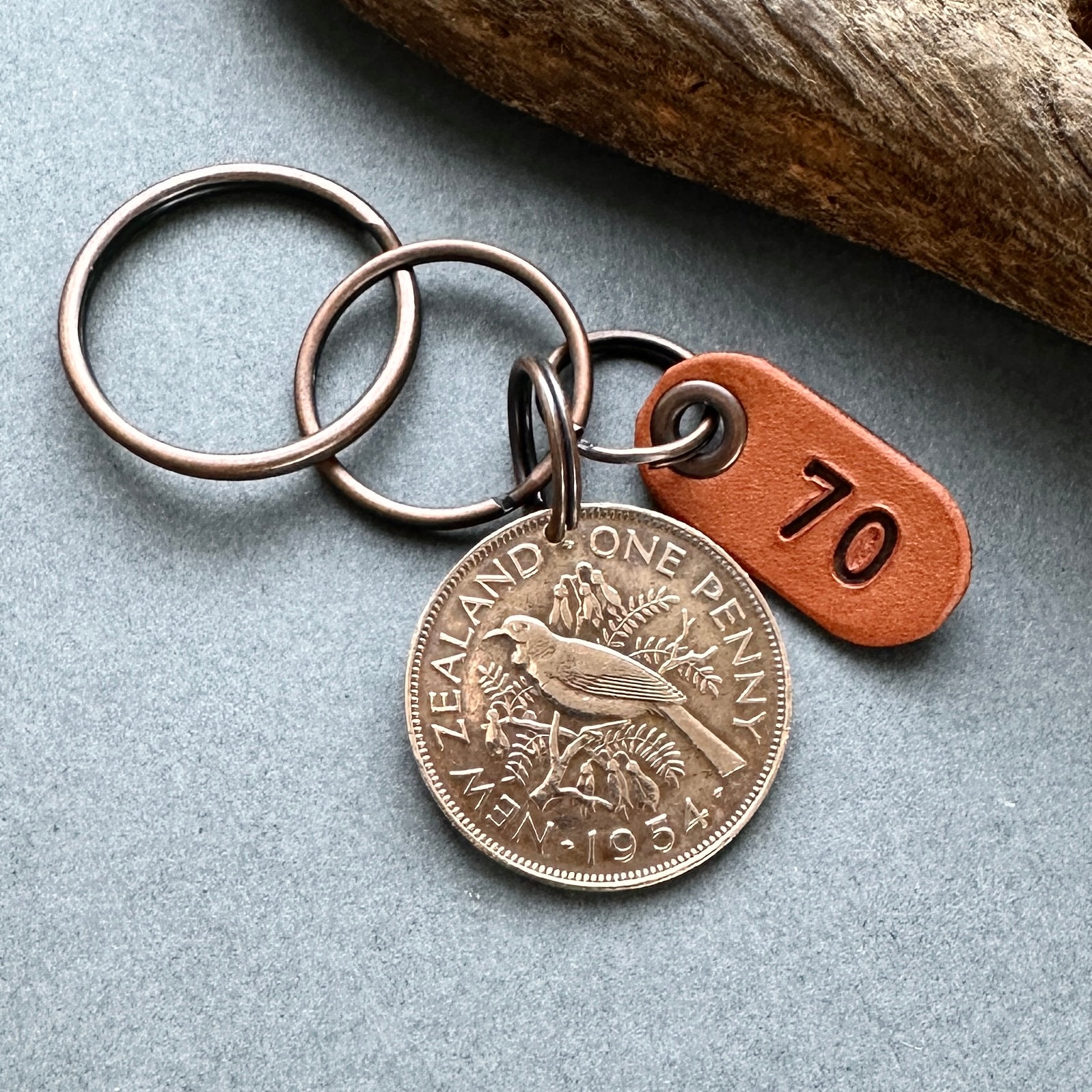 70th birthday gift, 1954 New Zealand penny keychain, Key ring or clip ...