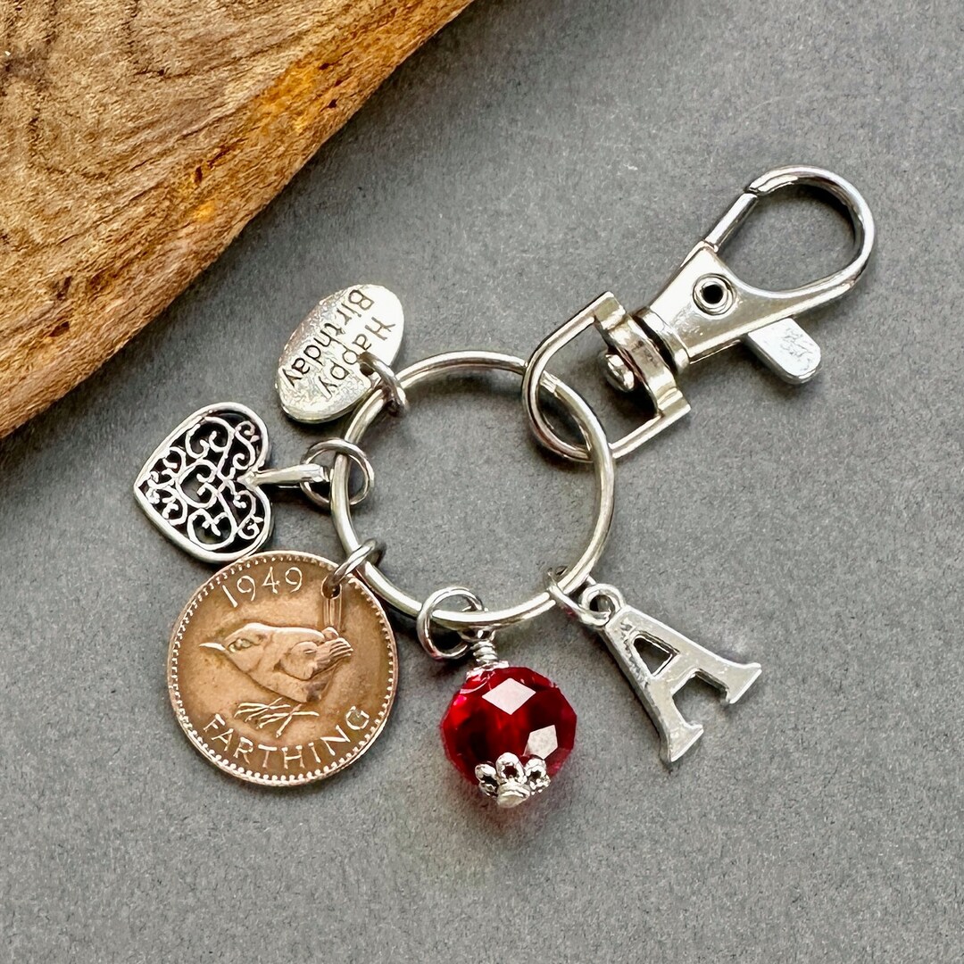 1949 Wren Farthing Birthstone Charm, Bag Clip, Personalised 75th ...