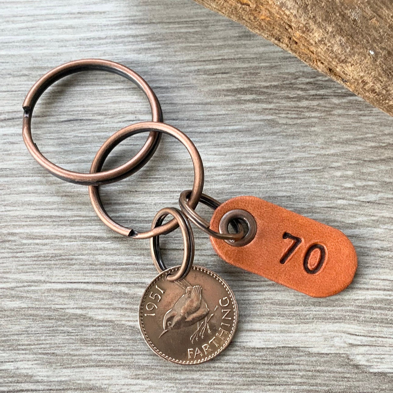 70th birthday gift 1951 British farthing keychain, English wren coin ...