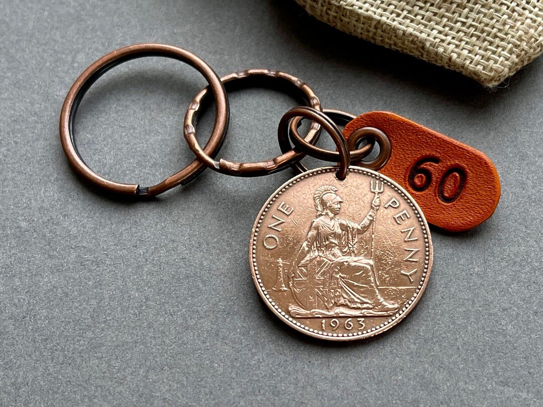 60th Birthday Gift, 1963 British Penny and Leather Number 60 Tag Key ...