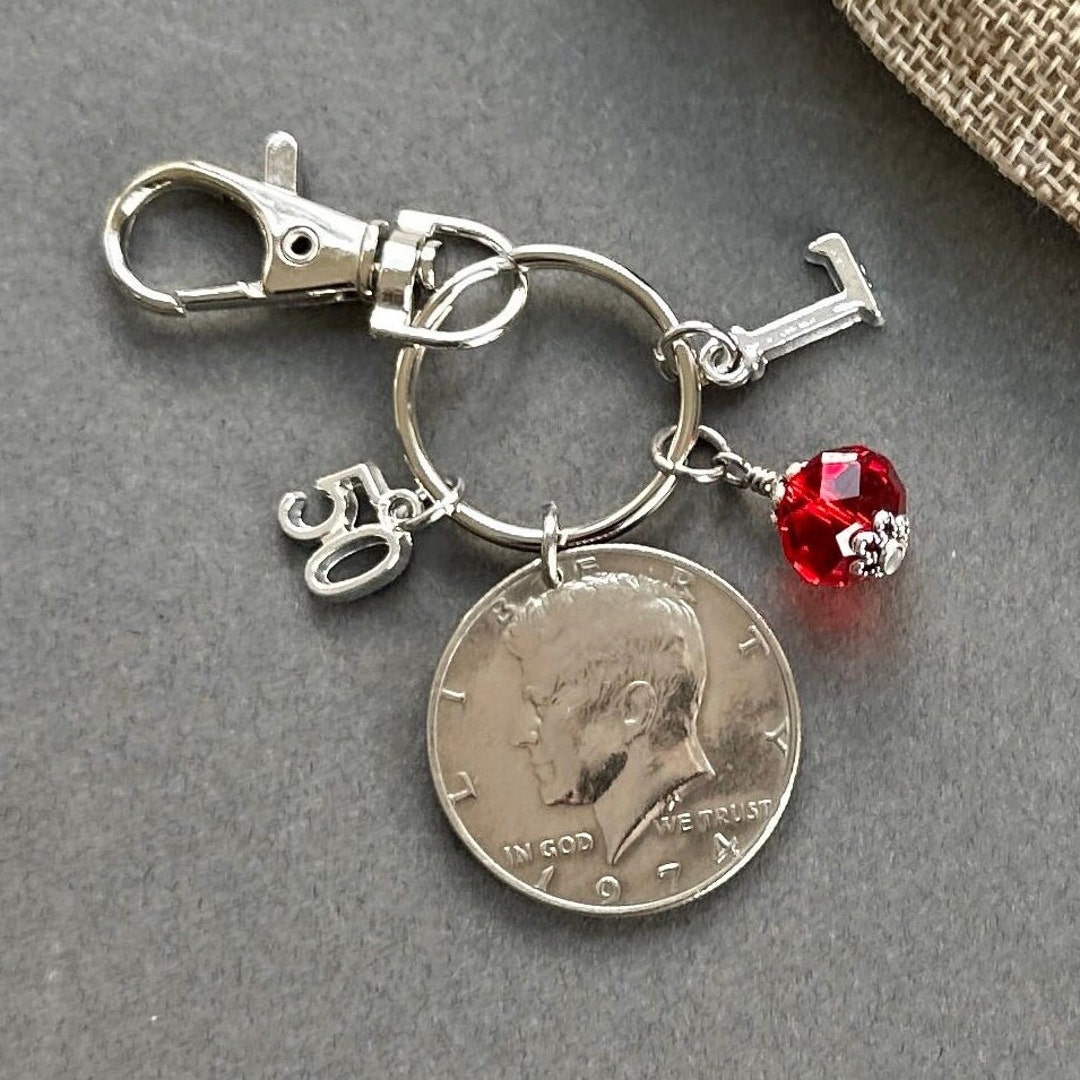 1974 American 50 Cent Coin Purse Charm, Choose Birthstone and Initial ...