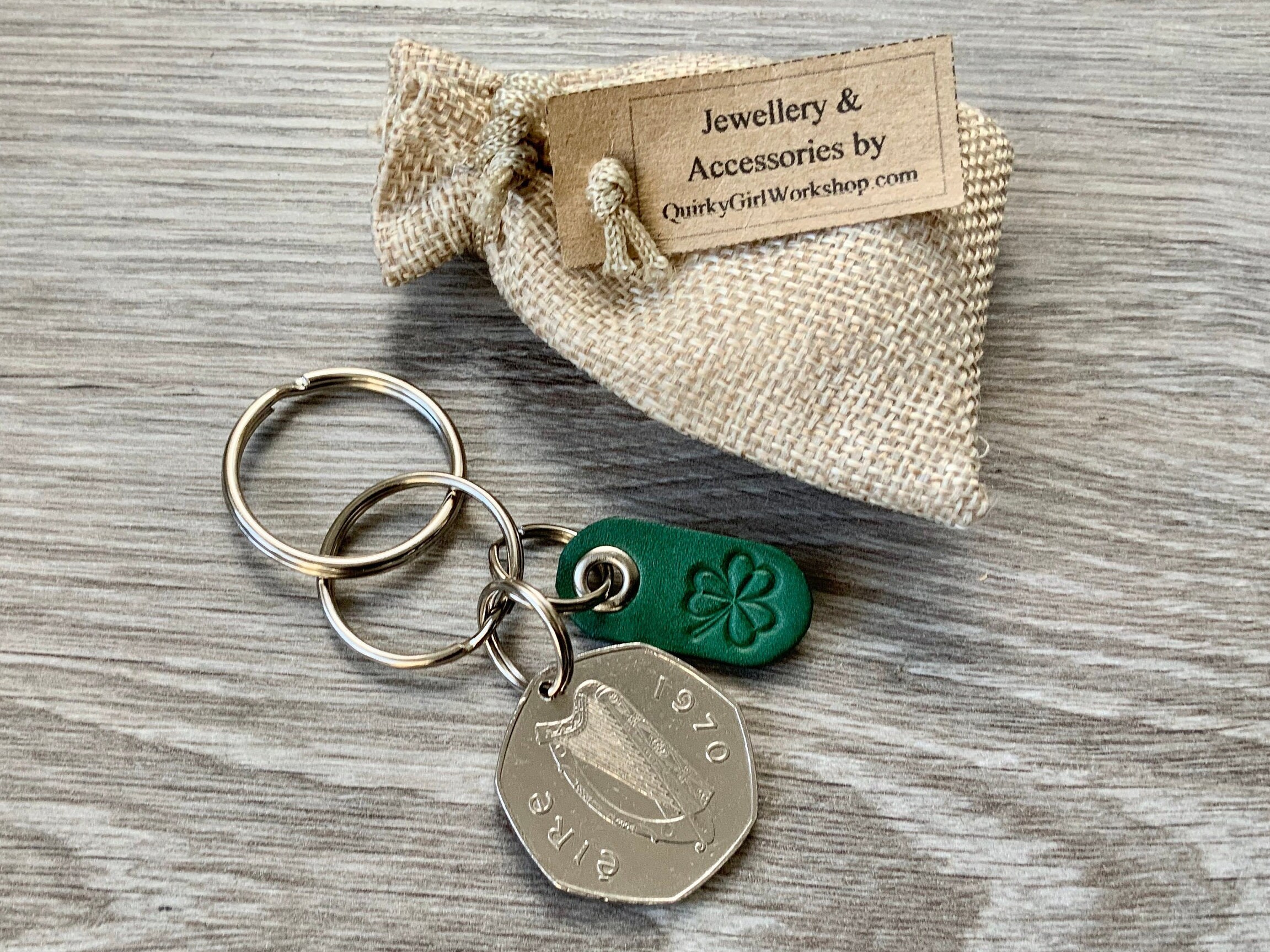 1970 Irish coin and shamrock keychain, keyring or clip, 7 sided coin ...