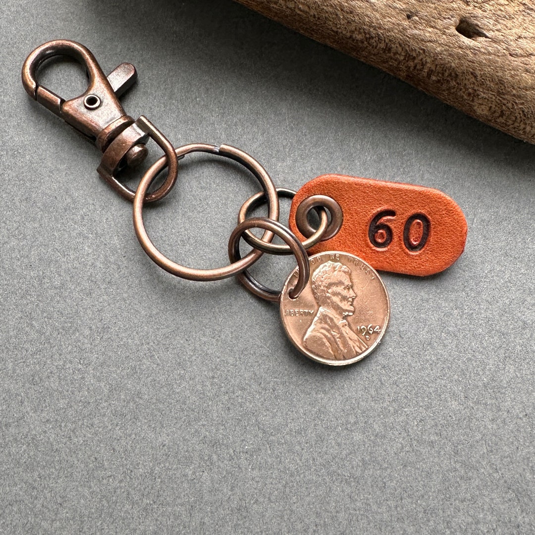 1964 or 1965 USA Coin Key Chain, 60th Birthday Gift, American One Cent ...
