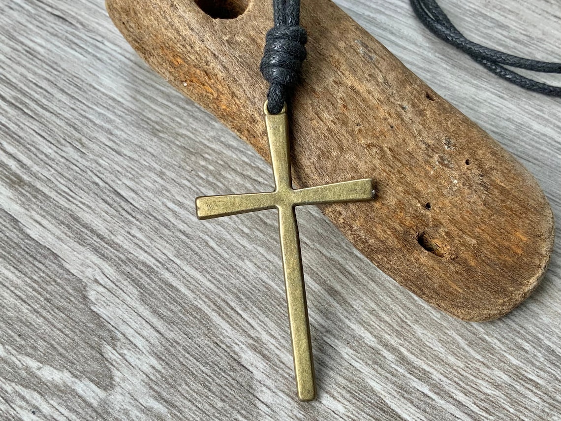 Large Cross Pendant Necklace on a Long Black Adjustable Cotton | Etsy UK