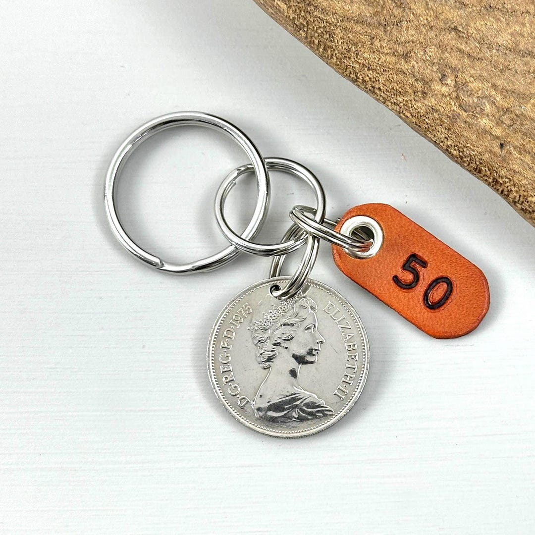50th Birthday Gift, 1975 British Ten Pence Coin Keyring or Clip, a ...