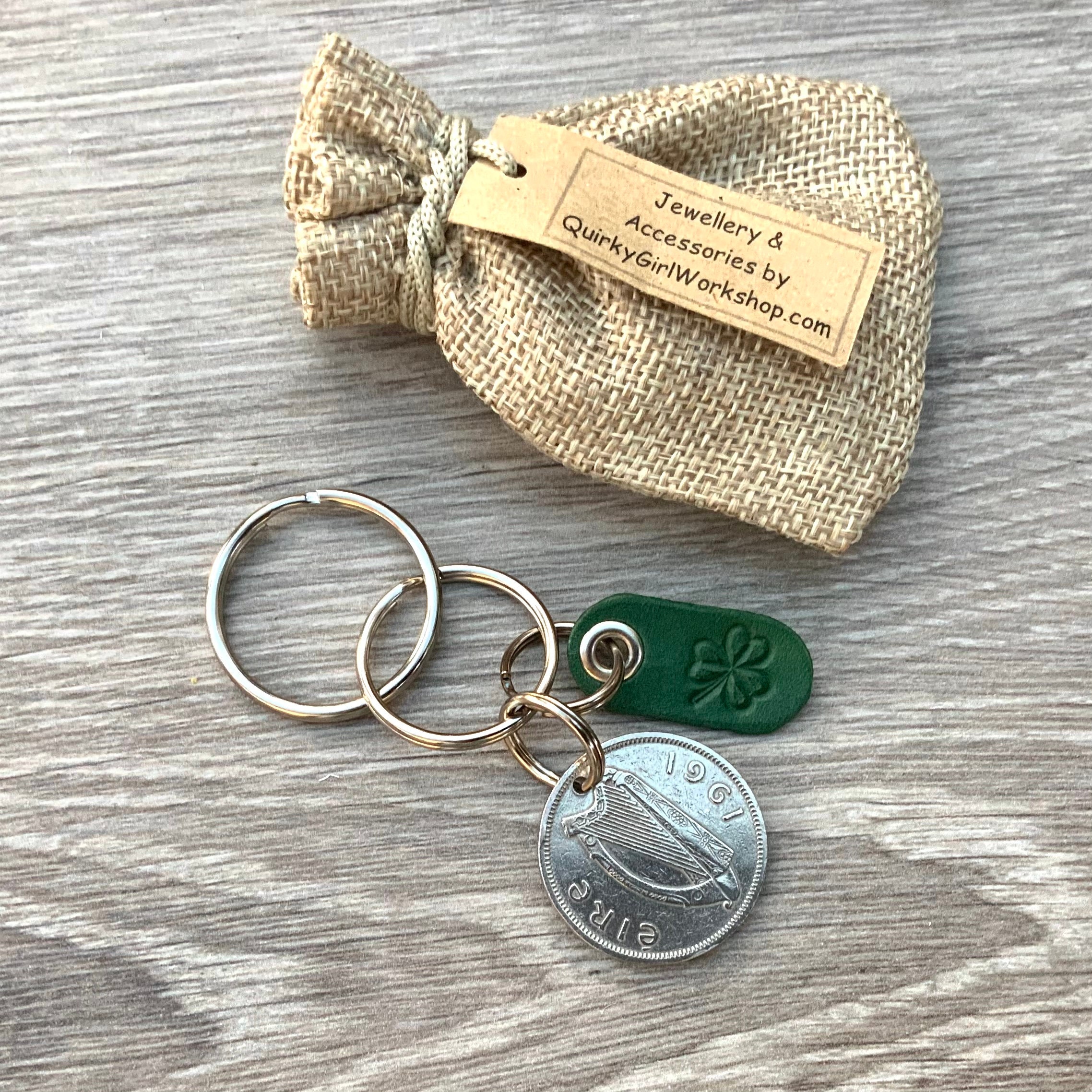1961 Irish Florin with a green shamrock key chain, Ireland coin key ...