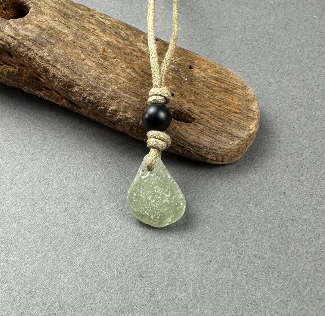 Cornwall Sea Glass Necklace: Pale Green Pendant, Onyx Bead, Adjustable ...
