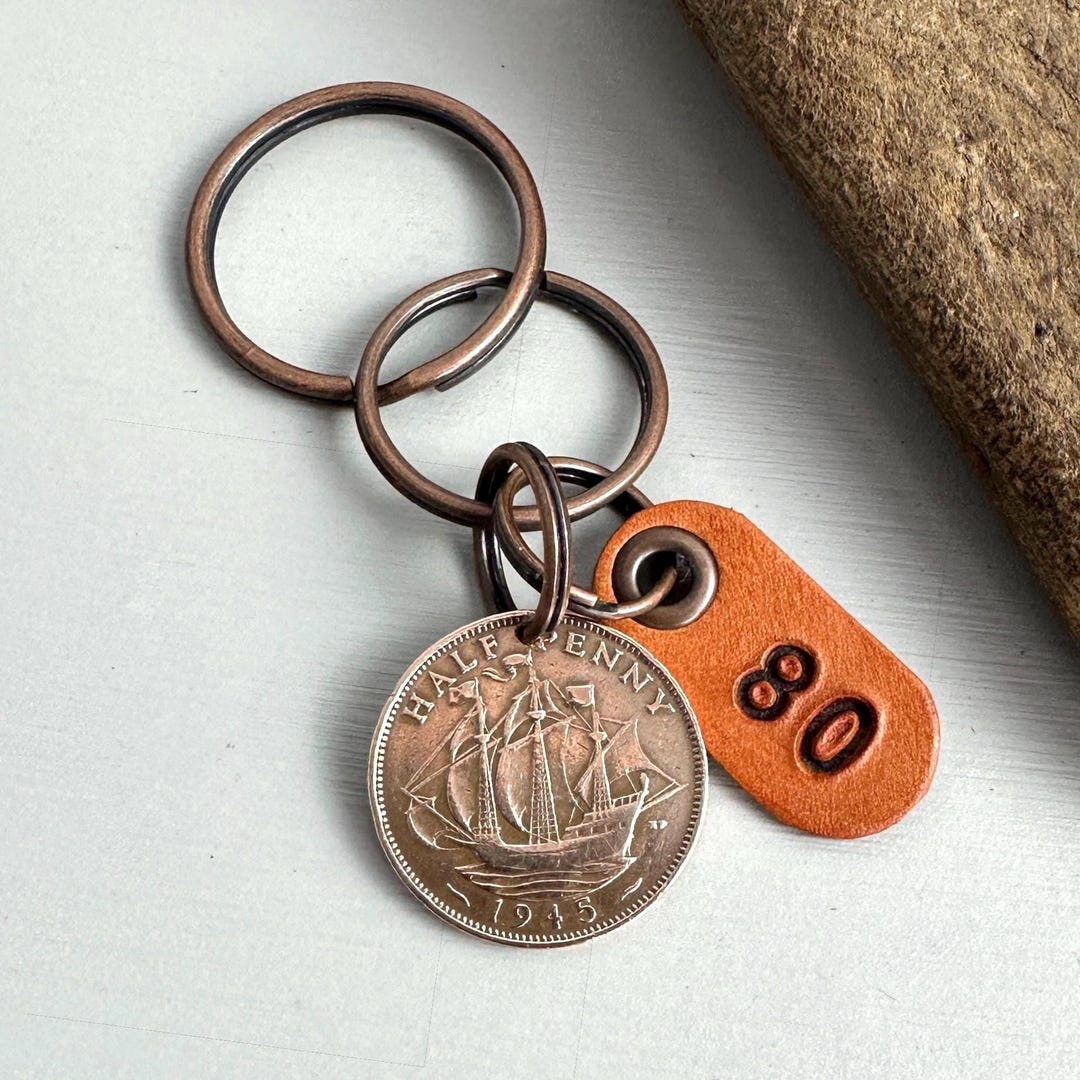 80th Birthday Gift: 1945 British Half Penny Keyring With Leather 80 Tag ...