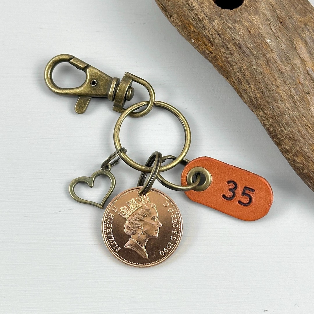 35th Anniversary Keychain: 1990 British Two Pence Coin, Leather 35 Tag ...