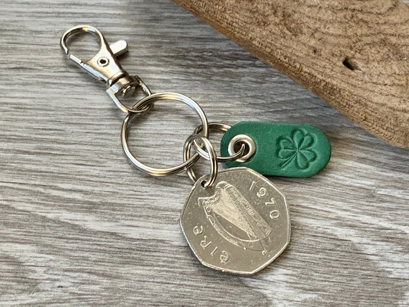 1970 Irish coin and shamrock keychain, keyring or clip, 7 sided coin ...