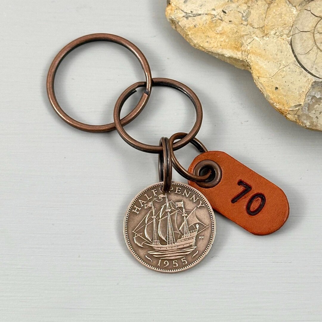 70th Birthday Gift 1955 British Coin Keychain, English Halfpenny ...