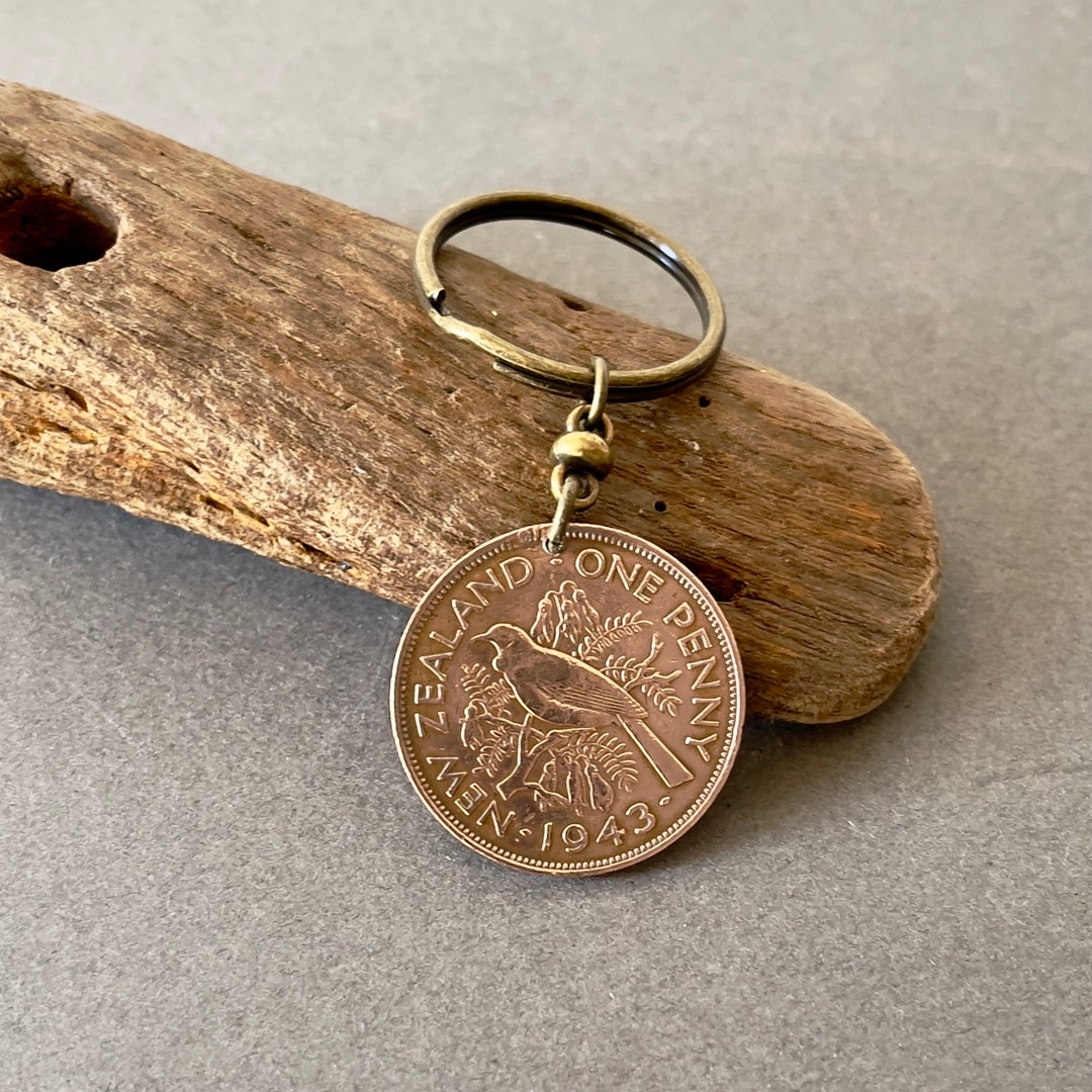 1943 New Zealand Penny Keyring, Tui Bird Coin, 81st Birthday Gift ...