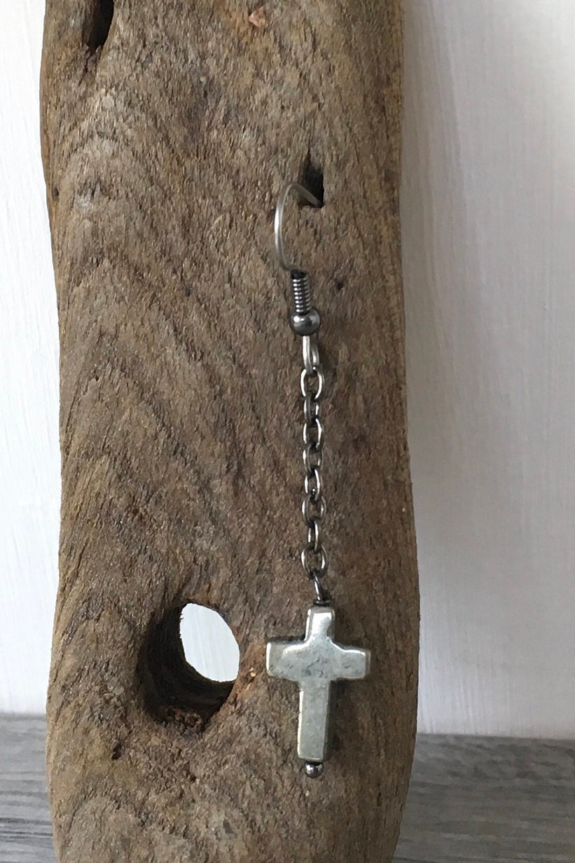 Iron pyrite cross dangle earring, long gemstone earrings, available as ...