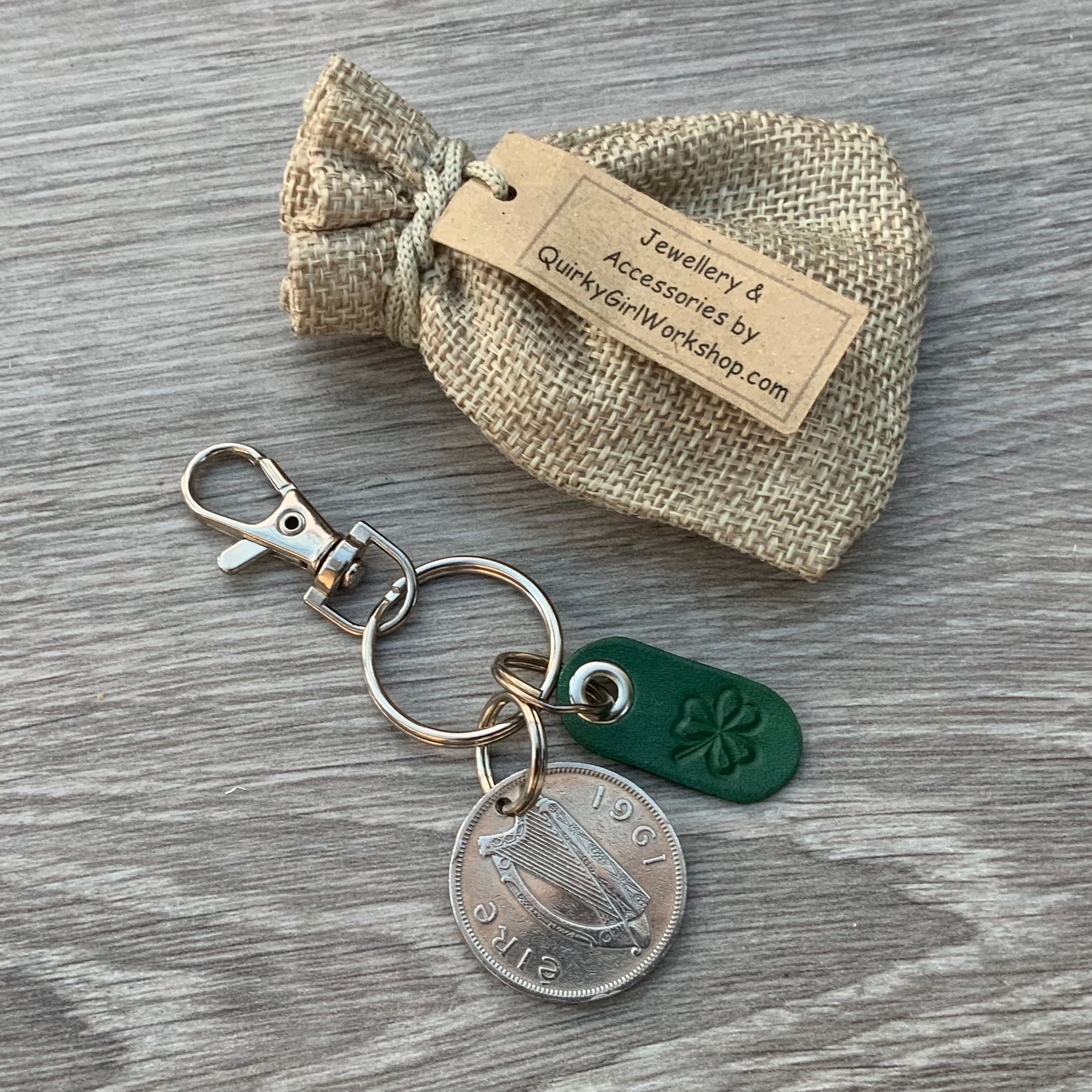 1961 Irish Florin with a green shamrock key chain, Ireland coin key ...