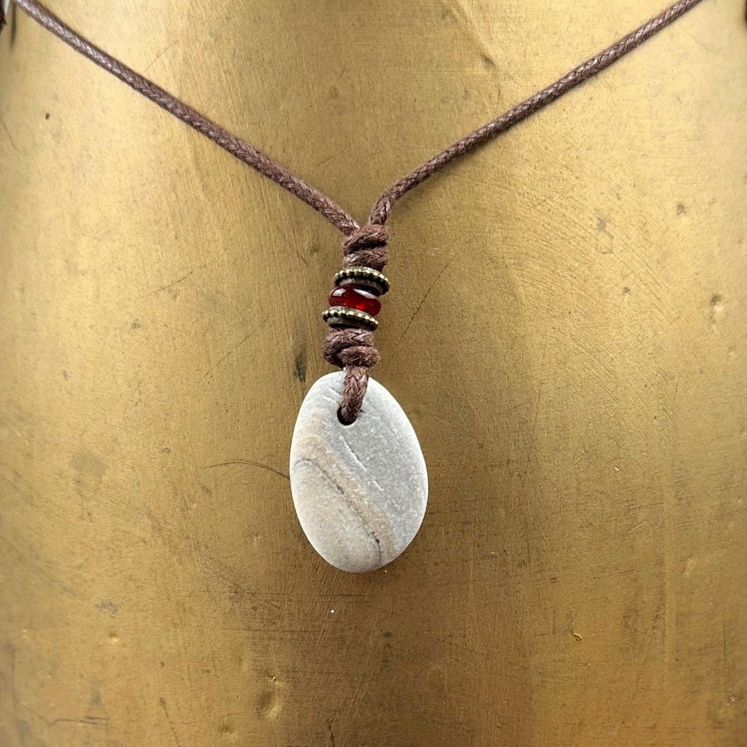 Beach Pebble Necklace, Beige Striped Raw Stone Pendant, Rock Jewellery ...