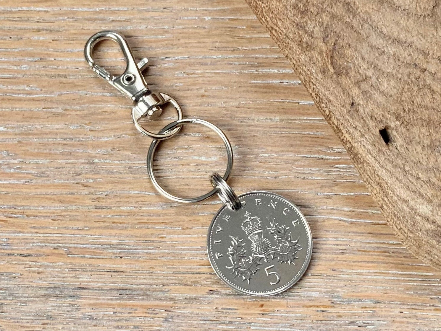 1971 British five pence coin keychain, Scottish thistle keyring or clip ...