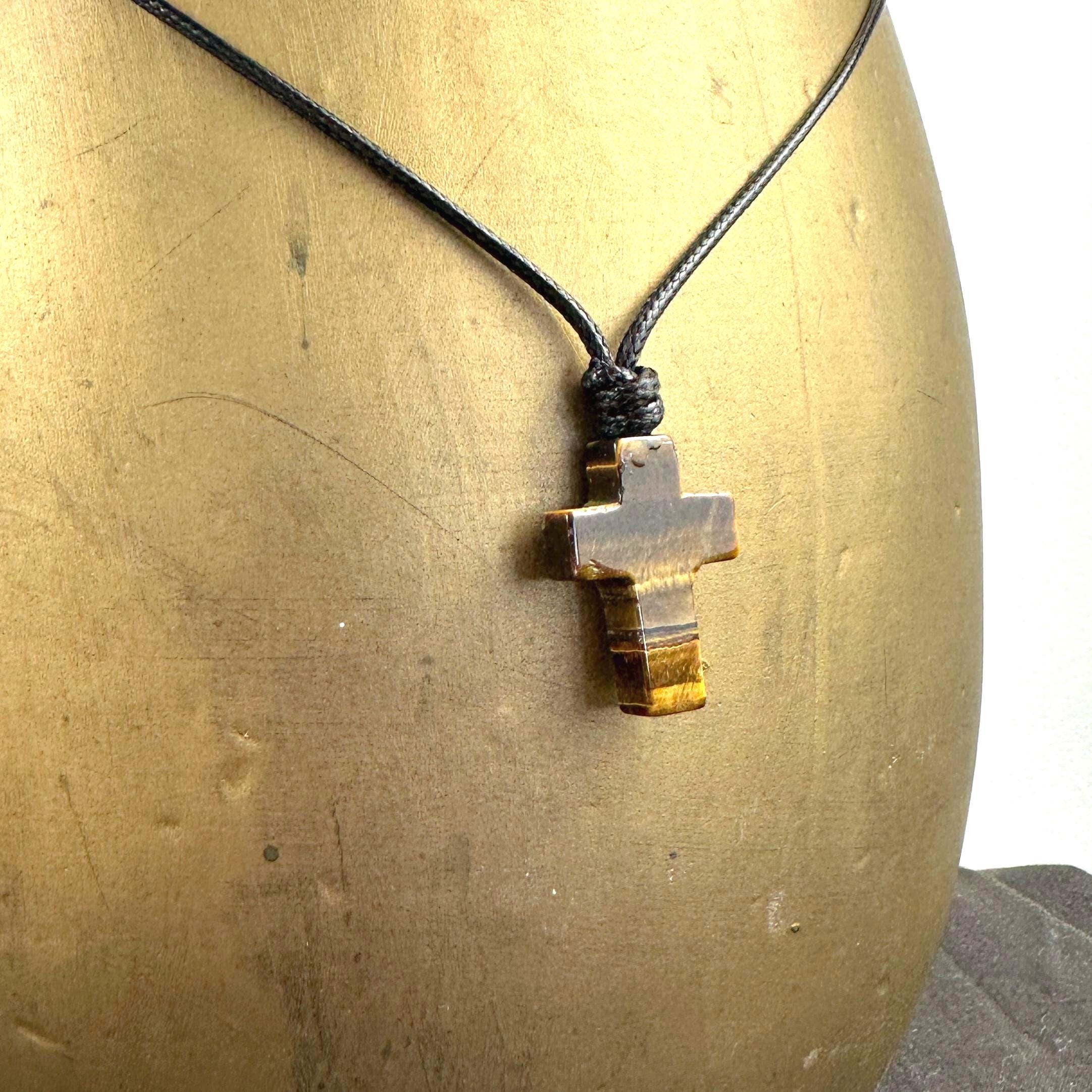 Tigers Eye Cross Necklace On Black Waxed Polyester Cord Adjustable Pendant Small Gemstone Cross