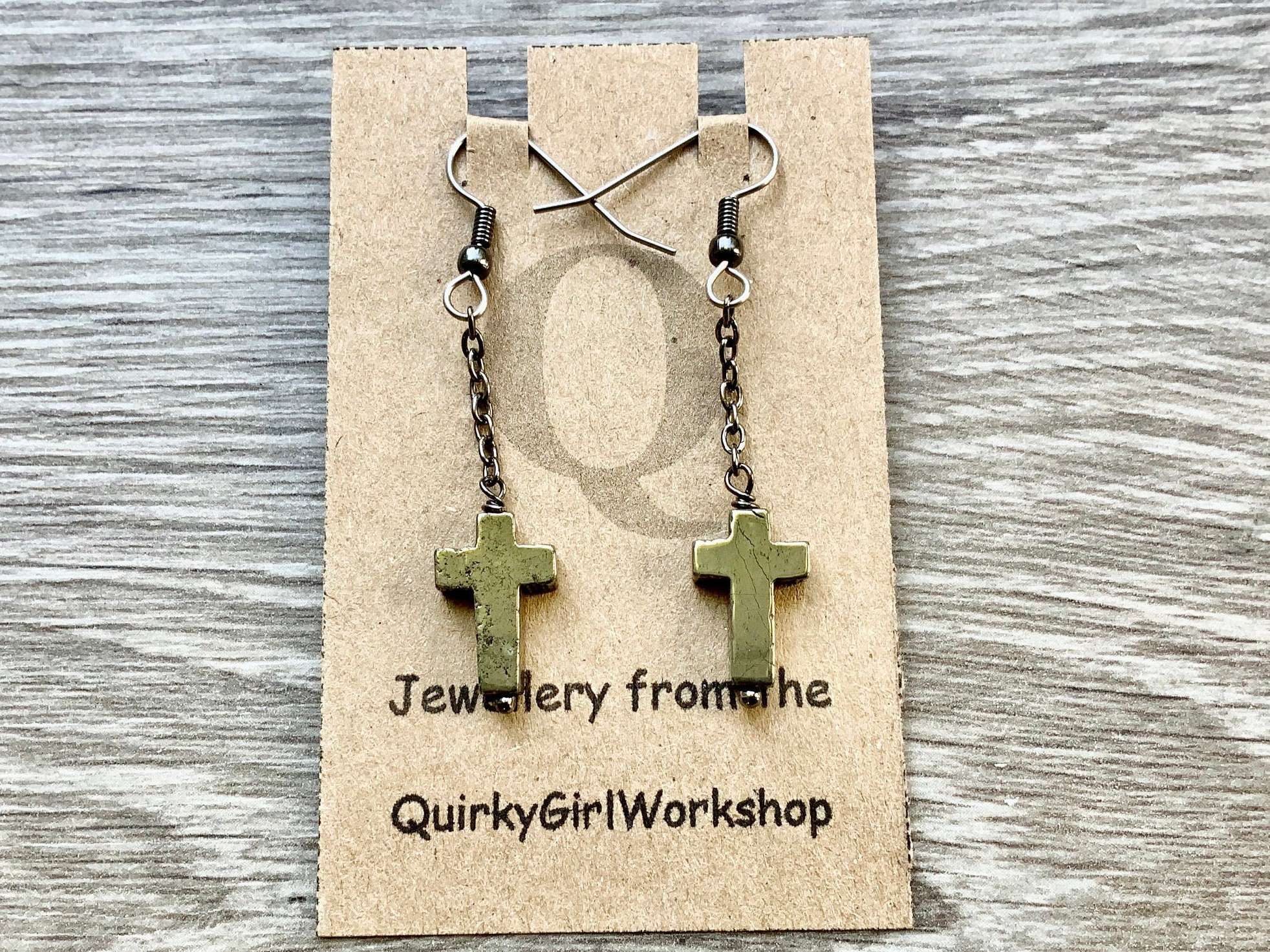 Iron pyrite cross dangle earring, long gemstone earrings, available as ...